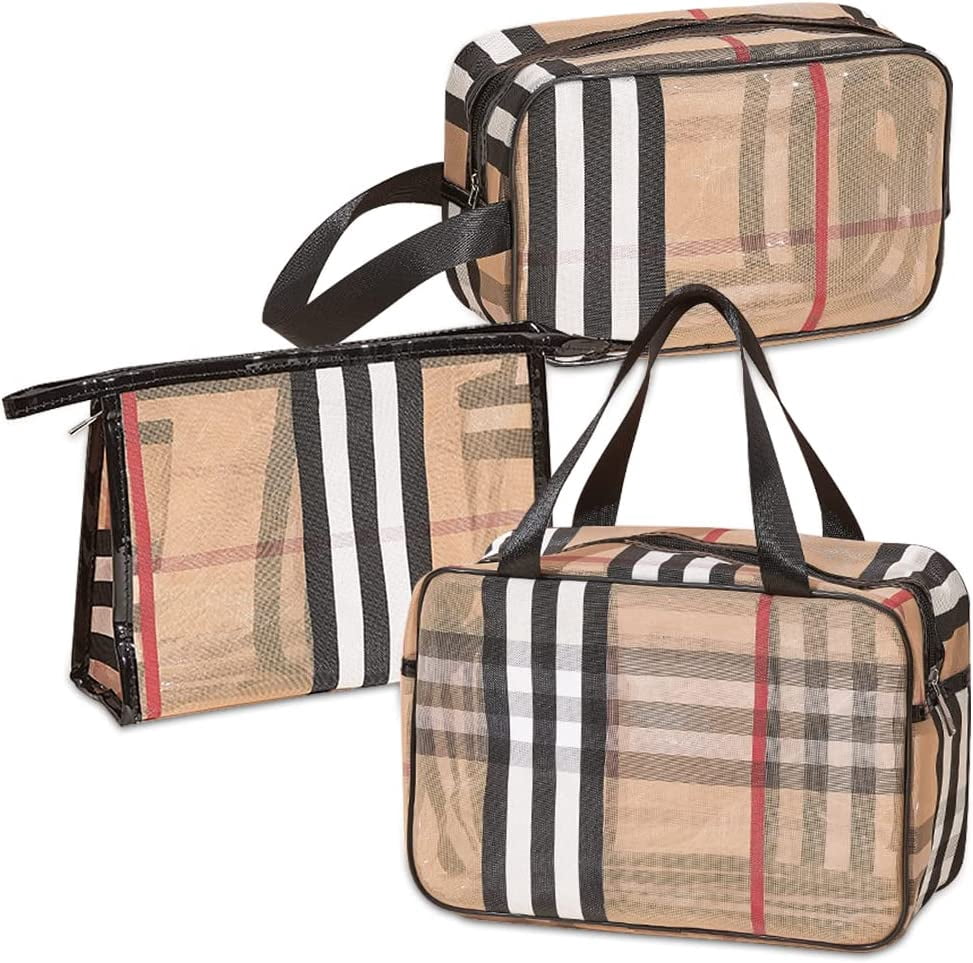 ASGE 3 Pieces Set Plaid Striped Transparent Makeup Bag Waterproof ...
