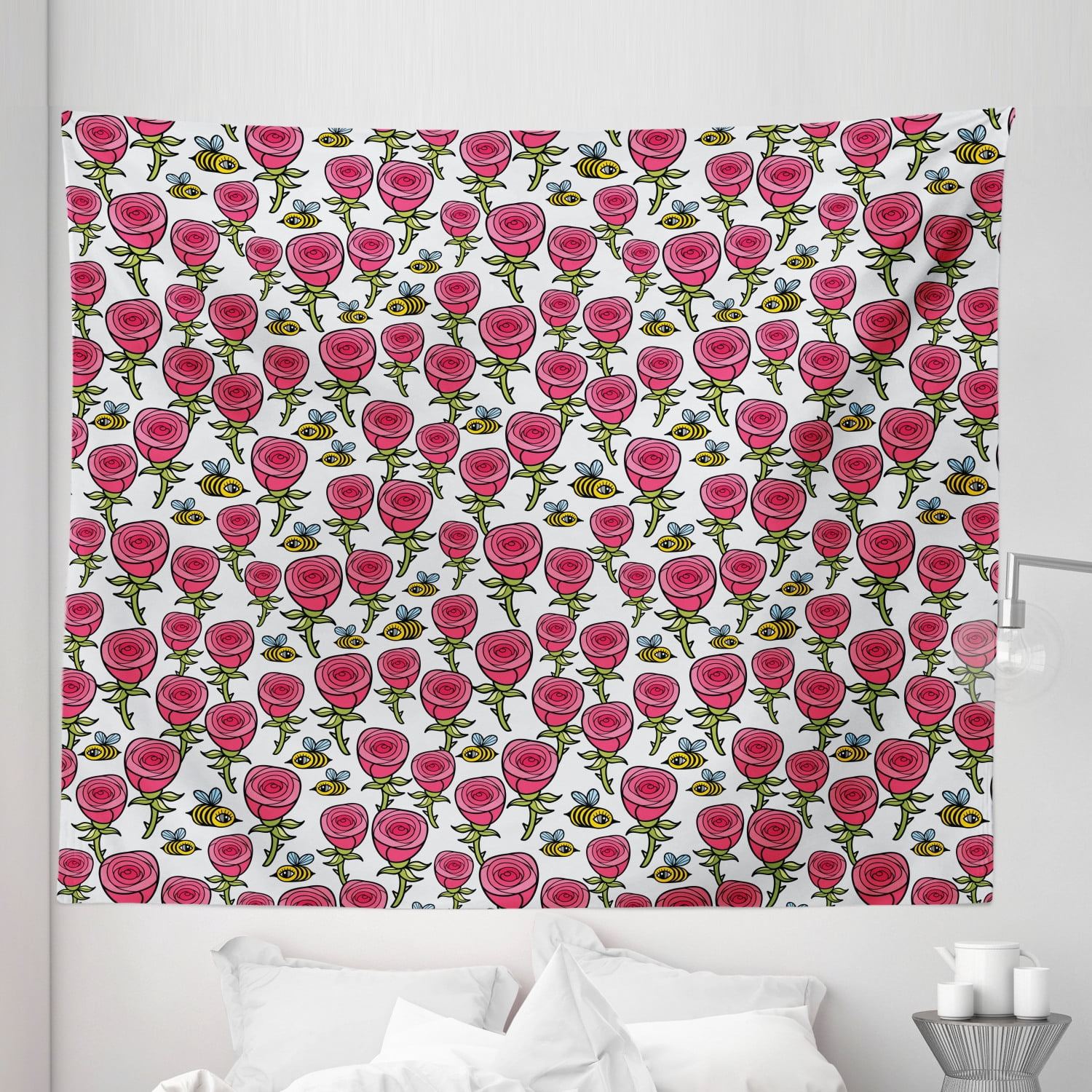 Bee Tapestry, Pattern of Rose Buds Bouquets and Flying Bumble Bees with ...