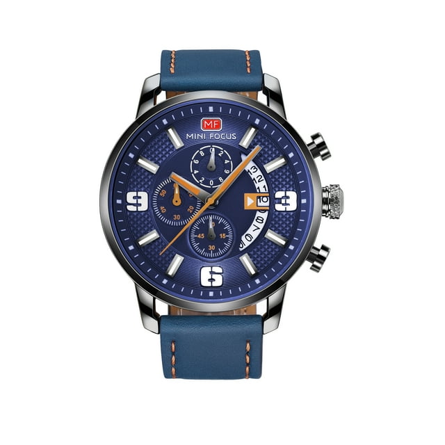 Mens Quartz Watch Blue Face Leather 3 Multifunction Dials Bussiness ...