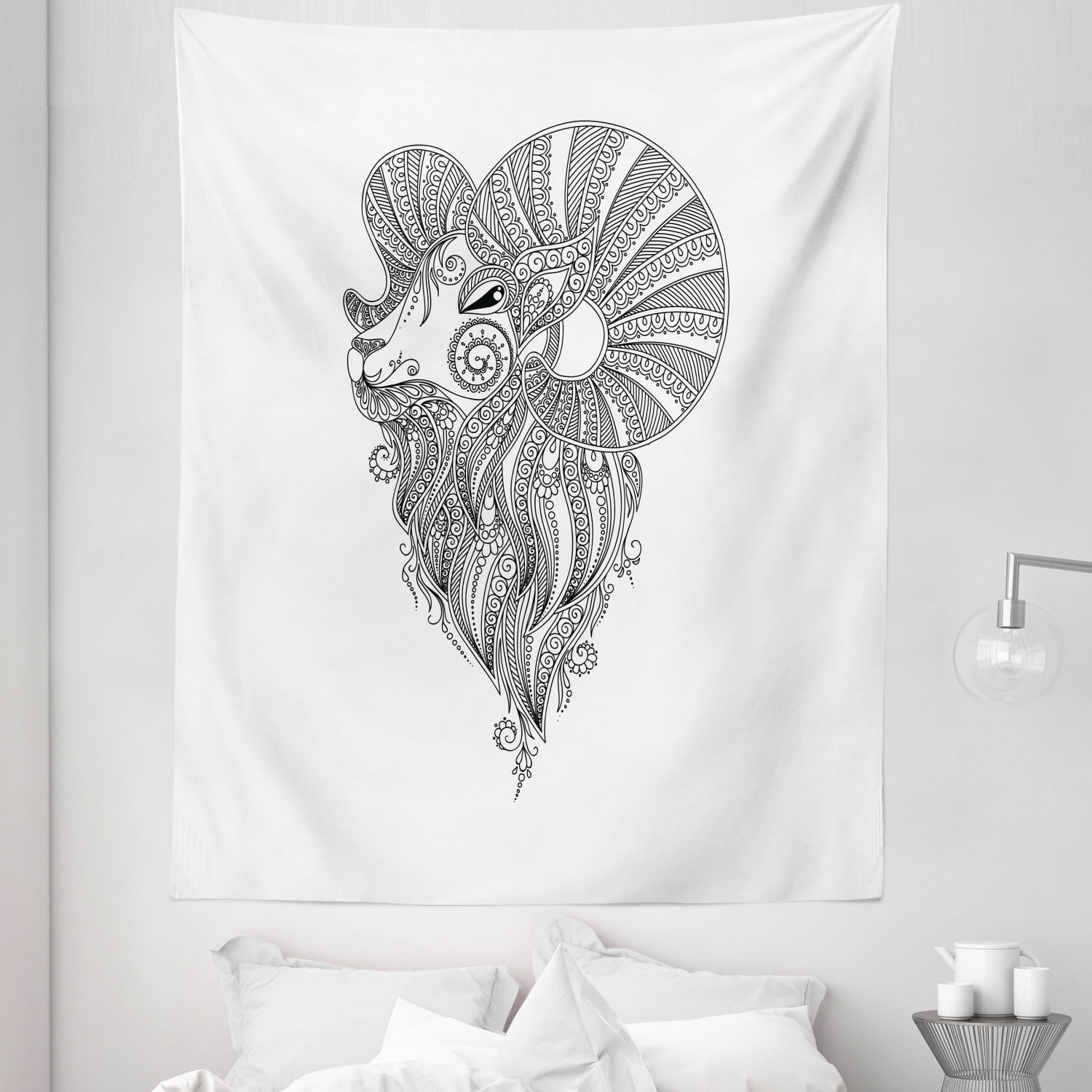 Zodiac Aries Tapestry, Zentangle Ram's Head in Tattoo Style Doodle with ...