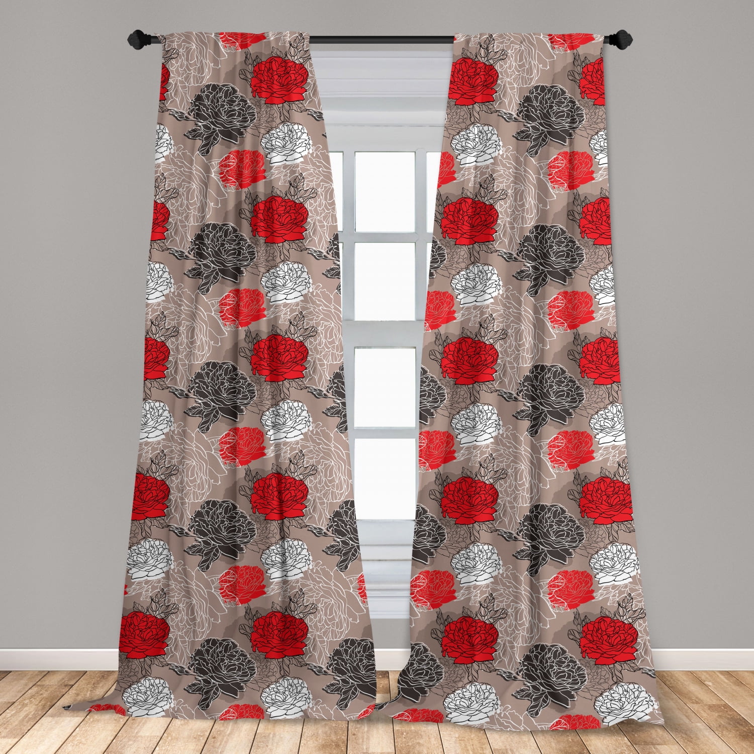 Red and Black Curtains 2 Panels Set, Blossoming Peonies Vintage ...