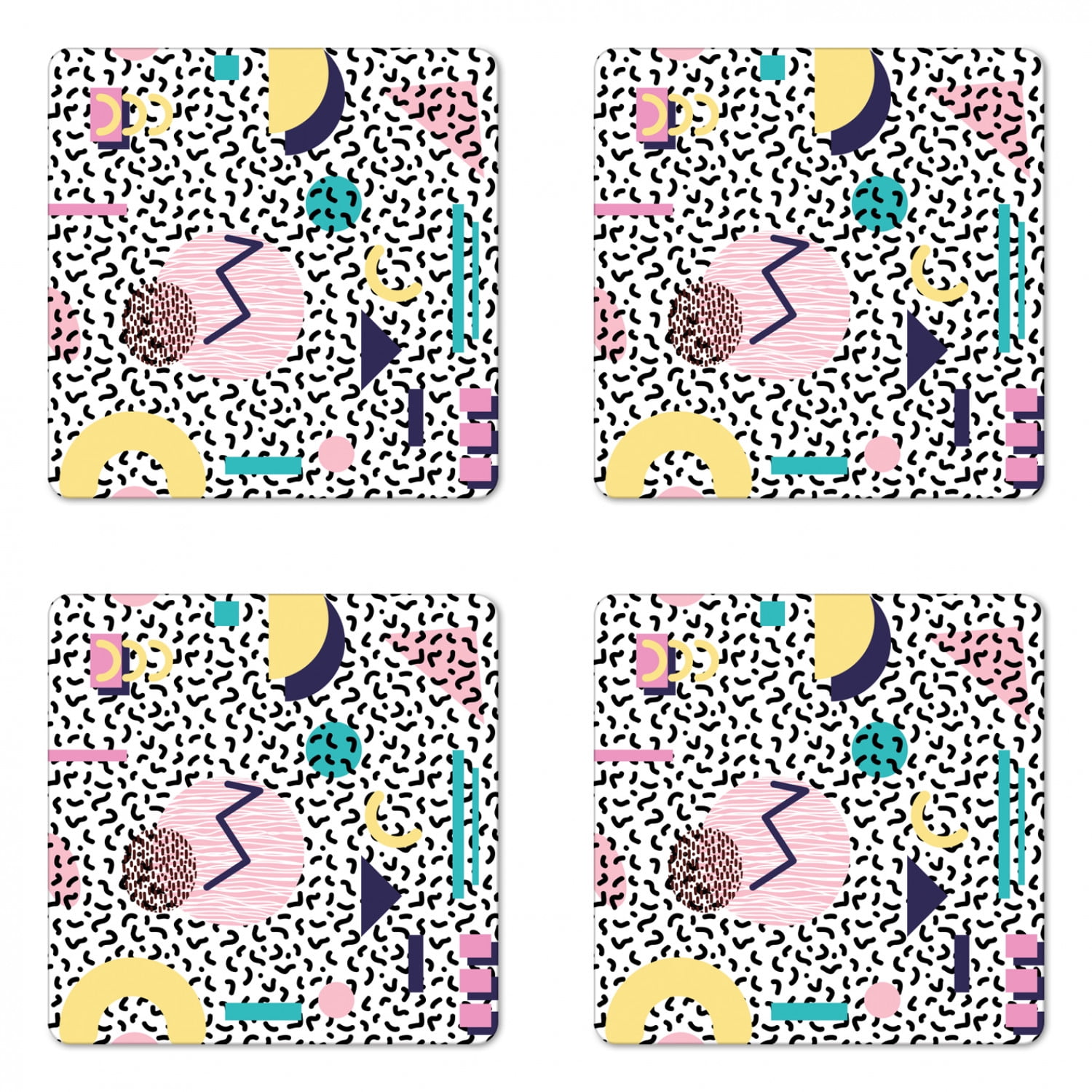 90s Coaster Set of 4, Geometric Pattern in Retro Style Round Half Moon ...