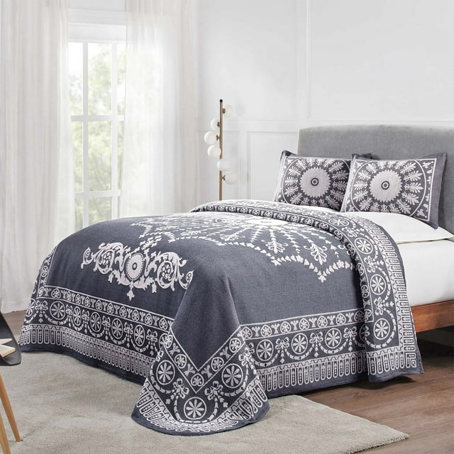 BNM Cotton Blend Classic Medallion Bedspread Set, Full, Denim Blue ...