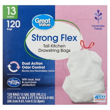 Great Value 13-Gallon Drawstring Tall Kitchen Trash Bags, Unscented, 40 ...