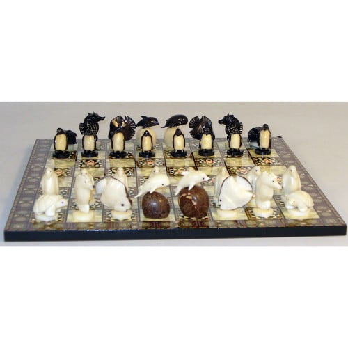 Hand Carved Tagua Nut Penguin Chess Set with Mosaic Decoupage Board ...