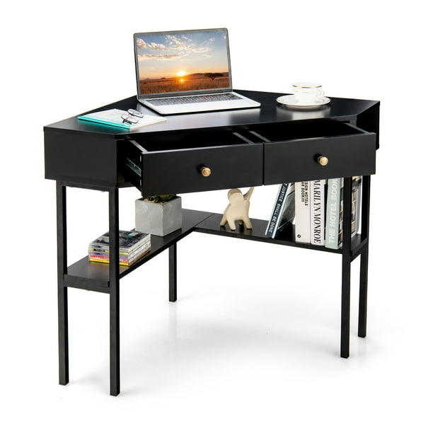 Giantex Corner Writing Desk, 90 Degrees Triangle Desk w/Storage Shelves ...