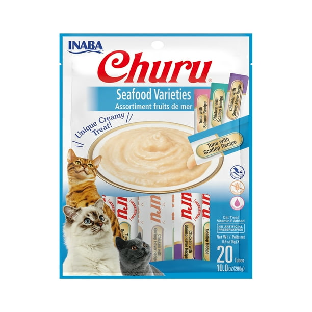 INABA Churu Creamy, Lickable Purée Cat Treat w Taurine, 0.5 oz, 20 Tubes, Seafood Variety ...