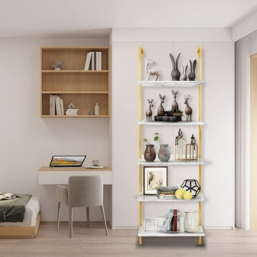 Ladder Shelf White Wooden Open Bookshelf 5-Tier Wall-Mounted Wood Rack ...