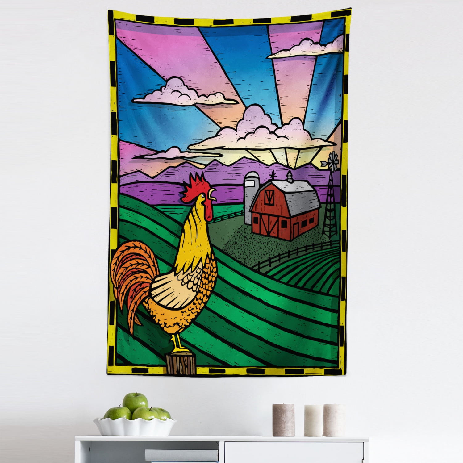 Rooster Tapestry, Rural Scene Colorful Hills Rays Clouds Farmland ...
