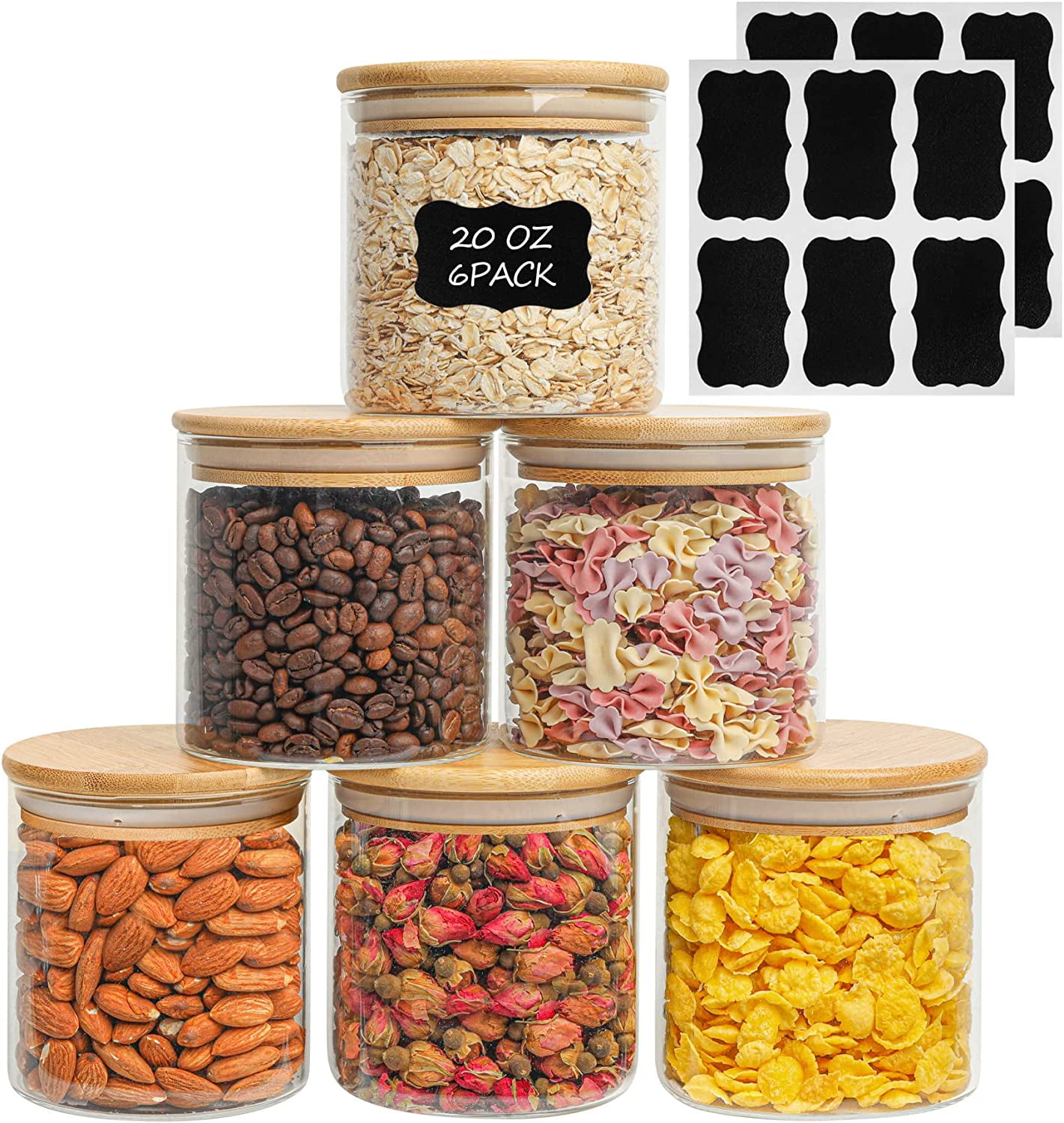 ComSaf 20oz Glass Food Storage Jar with Airtight Bamboo Lid, Clear Food ...