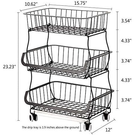 3-Tier Metal Wire Baskets Stackable Storage Baskets with Rolling Wheels ...