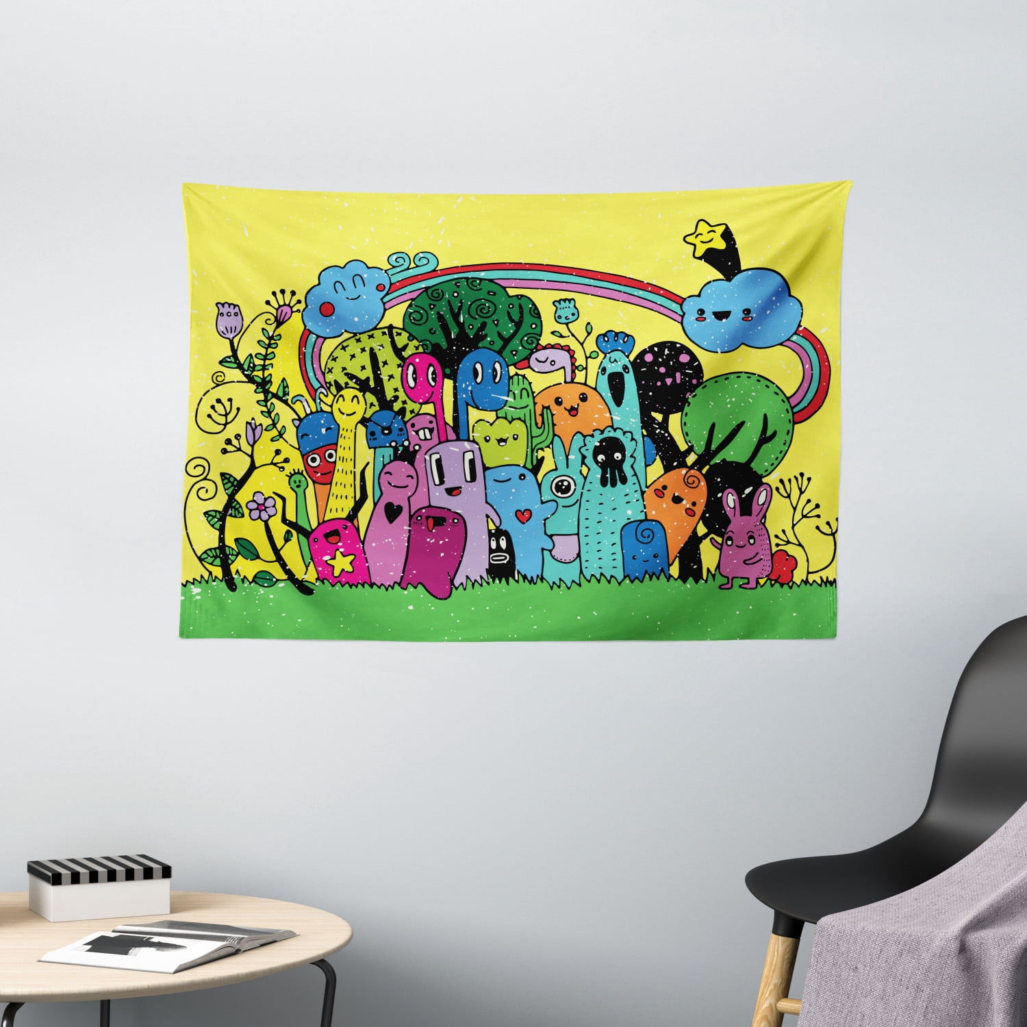 Indie Tapestry, Colorful Funny Hand Drawn Crazy Doodle Monsters in ...