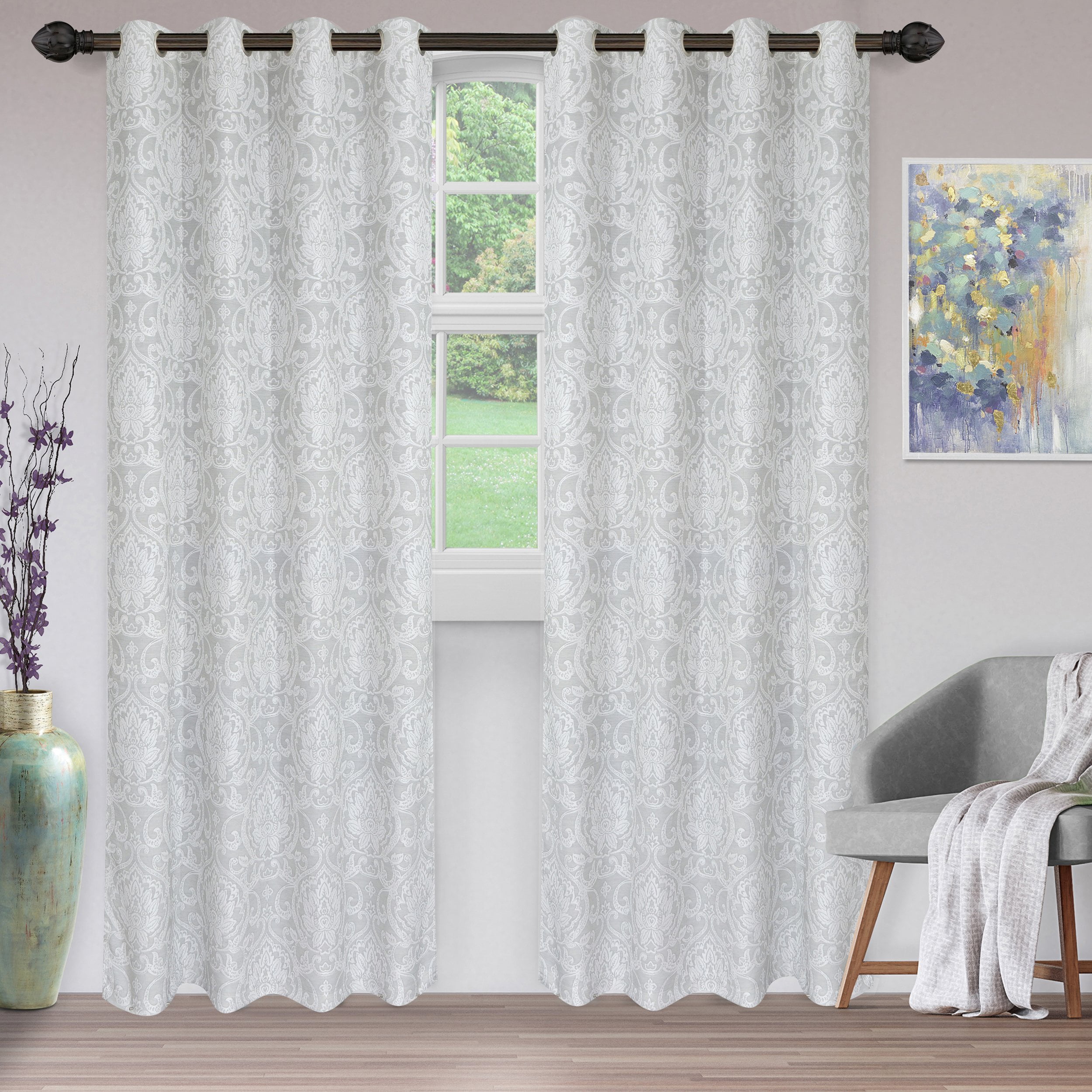 Lotus Light Filtering Floral Damask Jacquard Curtain Set Light Grey ...