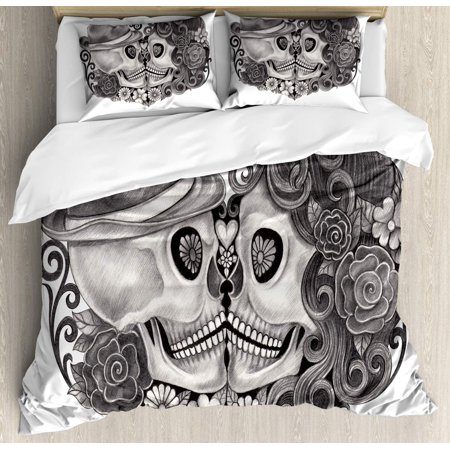 Gothic Duvet Cover Set, Art Skull with Hat All Saints Day Mexico ...