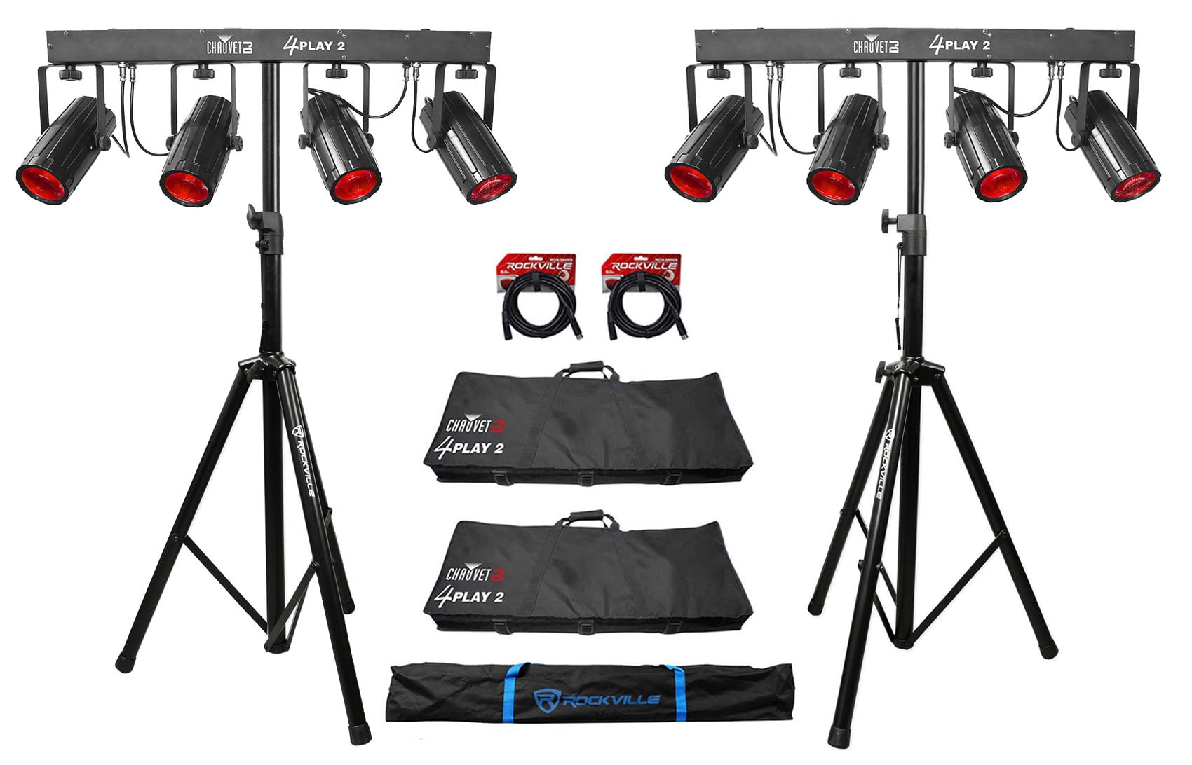 Pair Chauvet DJ 4PLAY 2 RGBW DMX Light Bar Packages+Bags+ Stands and ...