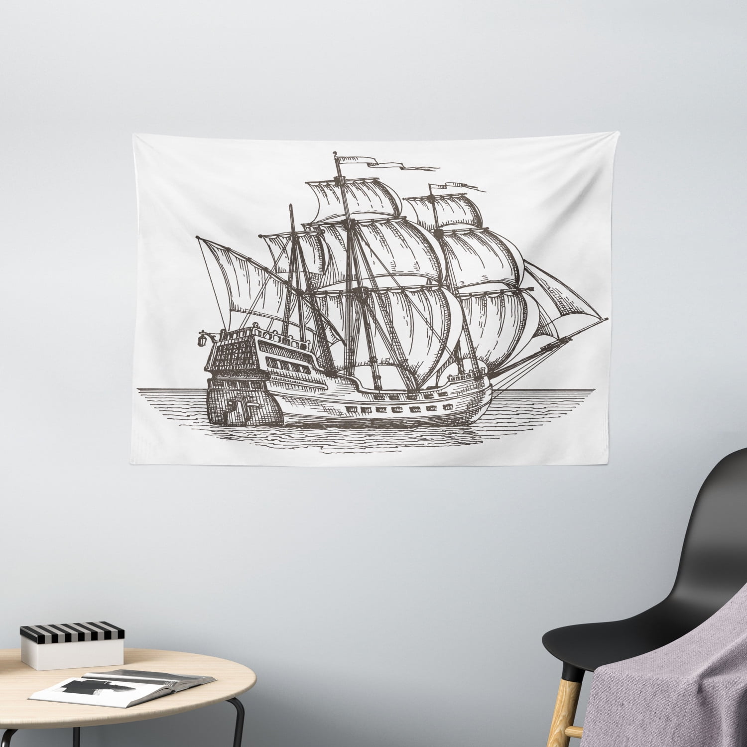 Pirate Ship Tapestry, Old Retro Style Ship Floating on Water Antique ...