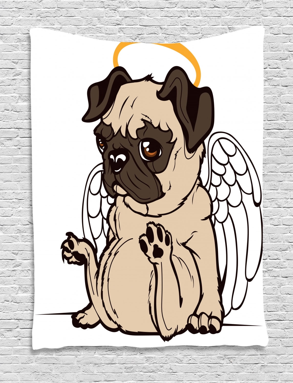 Pug Tapestry, Pug Puppy Angel with a Hare on Its Head and Beautiful ...