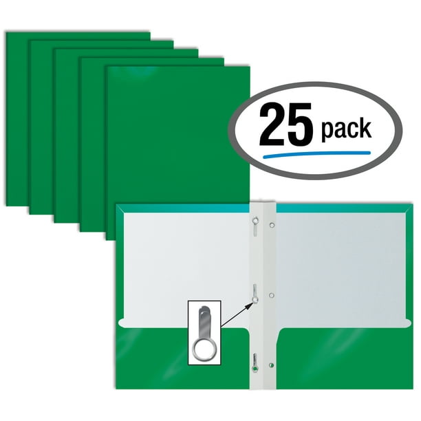 2 Pocket Glossy GREEN Paper Folders with Prongs, by Better Office ...