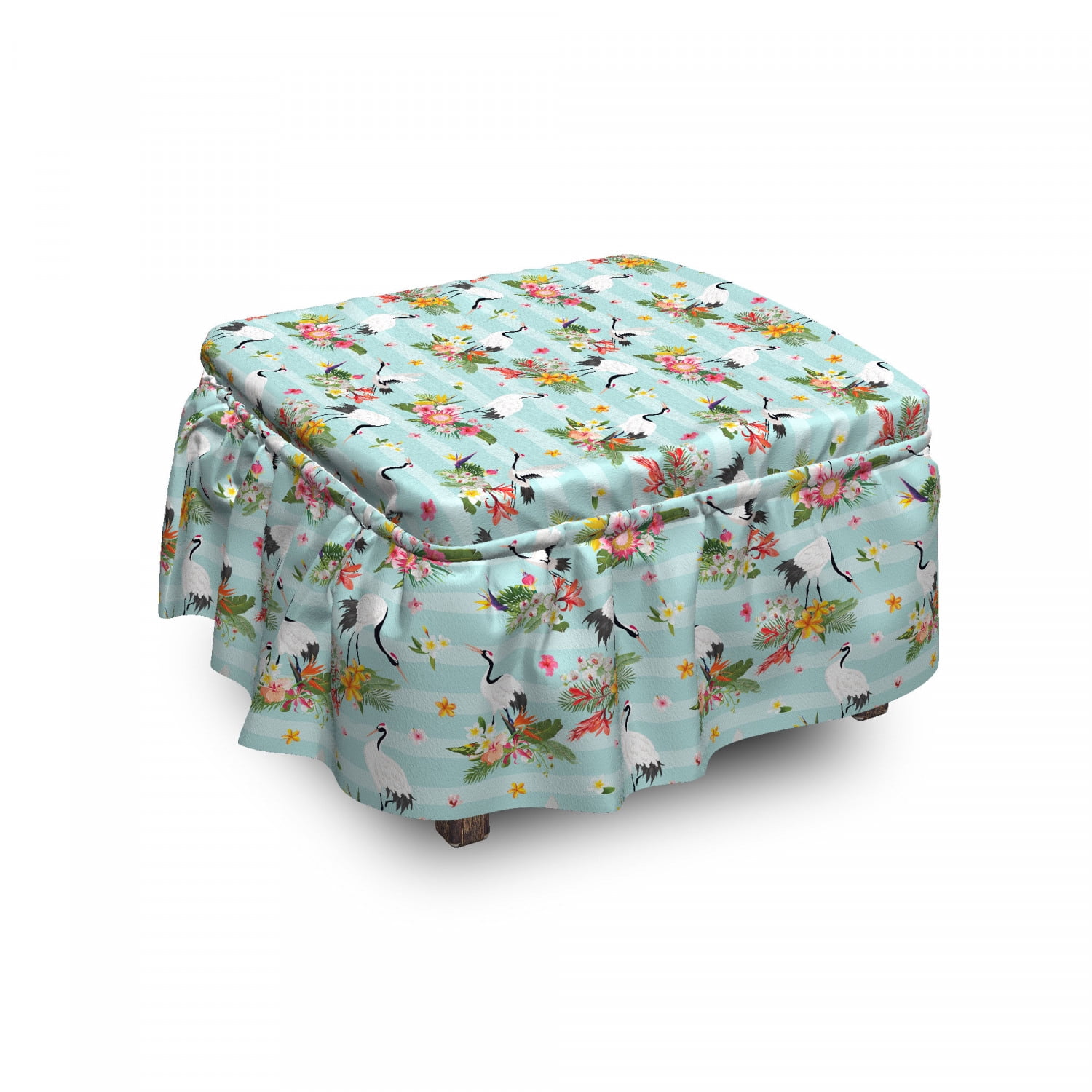 Tropical Ottoman Cover, Japanese Cranes Flowers, 2 Piece Slipcover Set ...