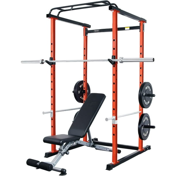 RitFit 1000LB Capacity Power Cage Rack with Bench, 100LB Bumper Plates ...