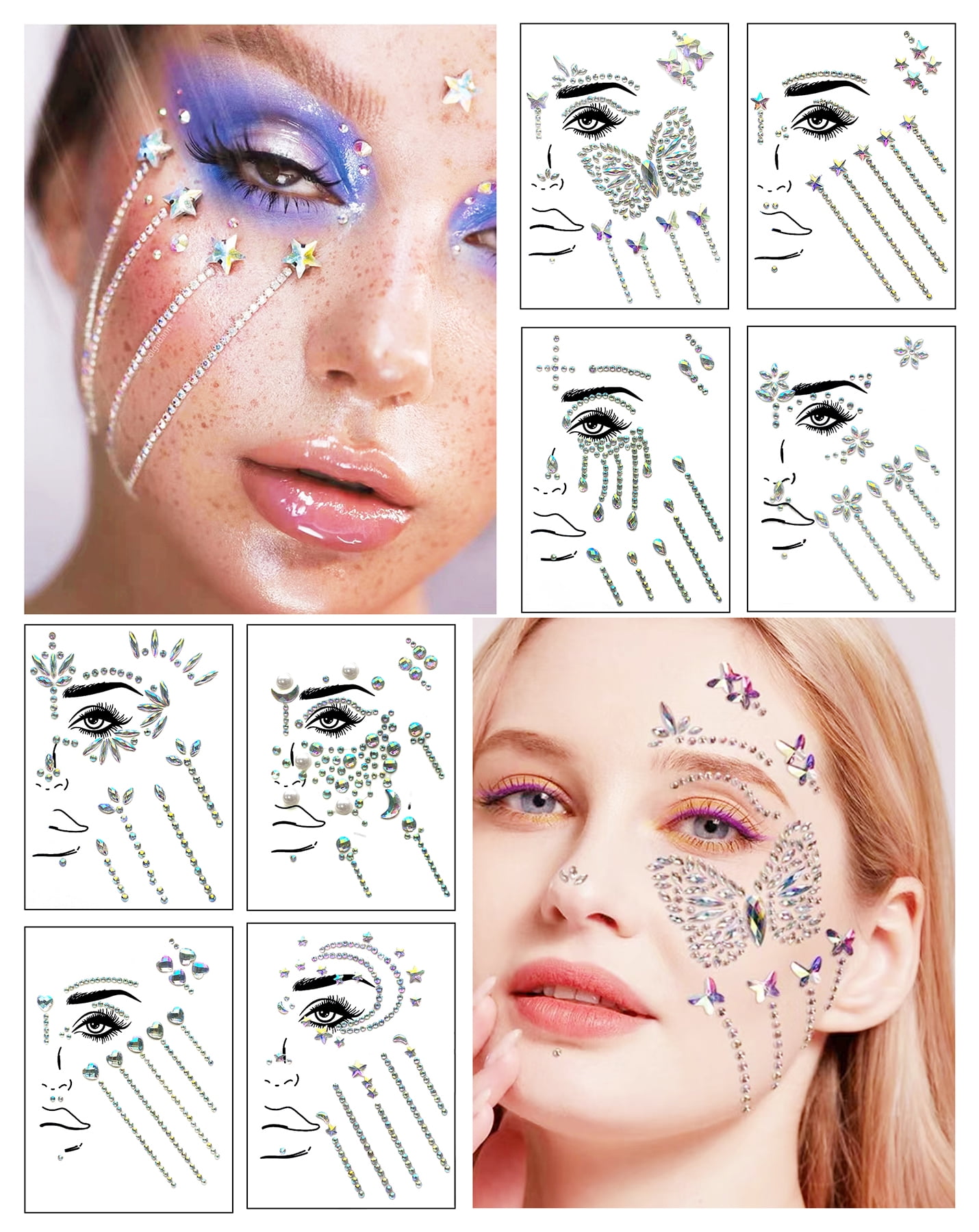 Le Fu Li 8 sets Mermaid Face Gems Glitter,Rhinestone Rave Festival Face ...