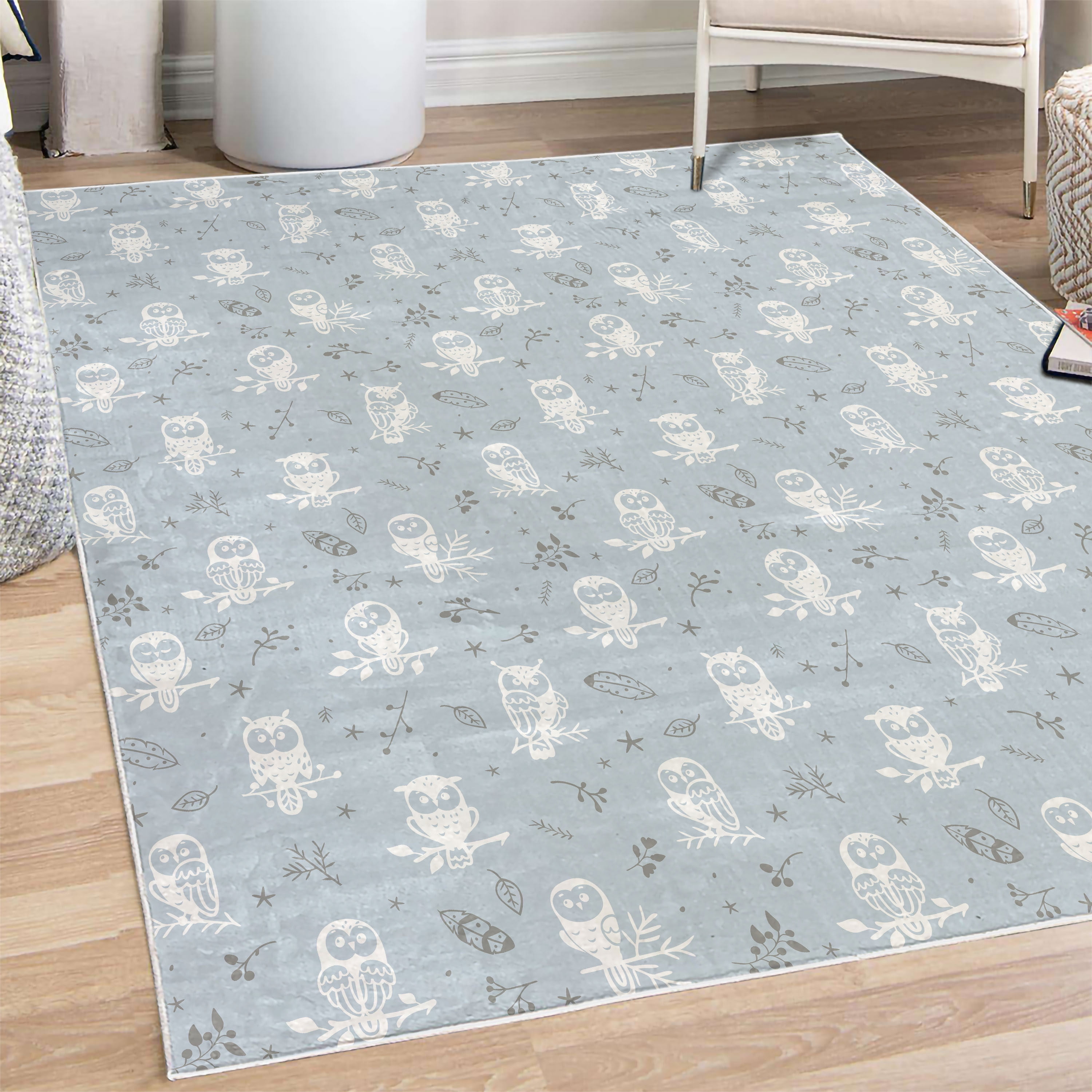Owl Decorative Rug, Cartoon Style Illustration of Birds on the Branches ...