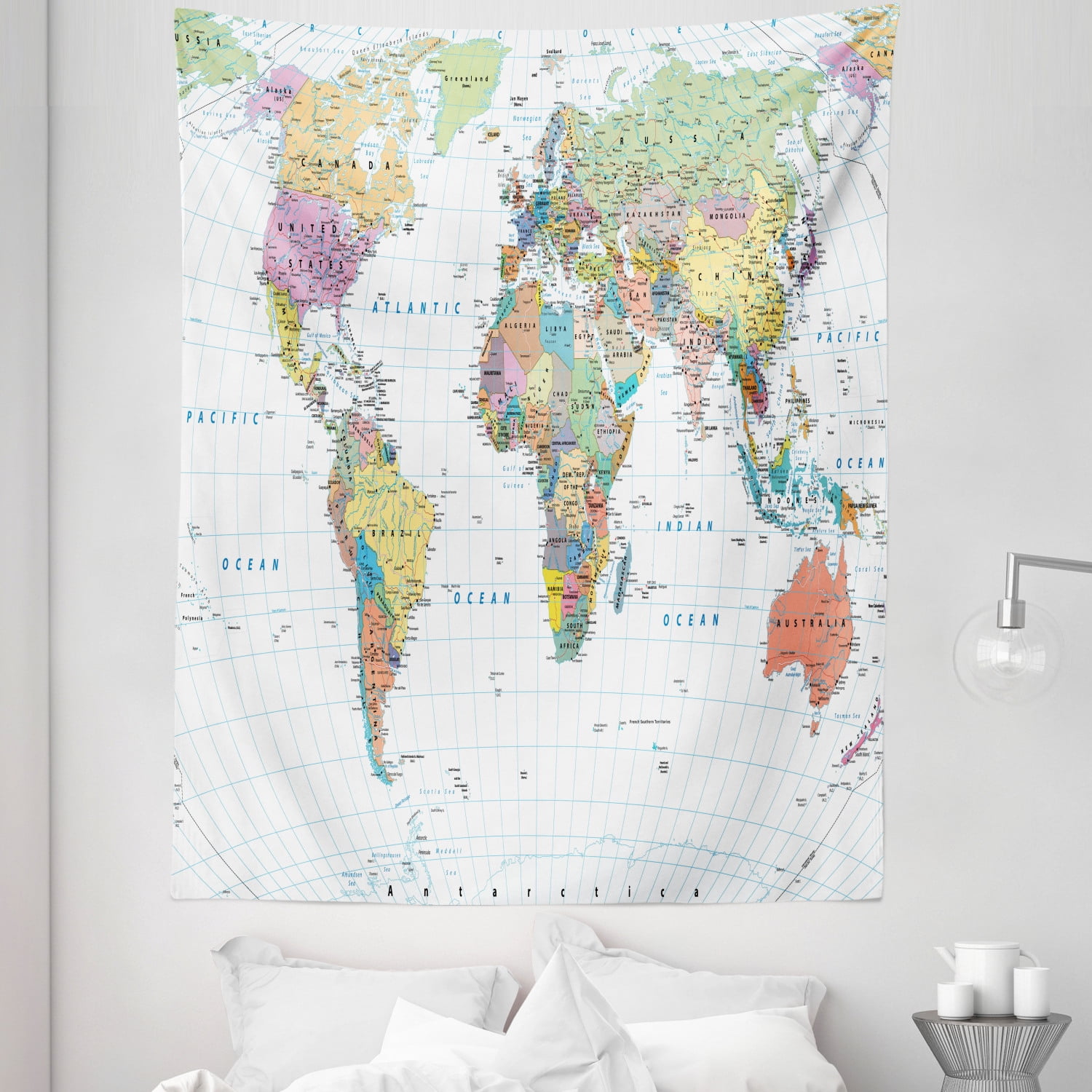 World Map Tapestry, Colorful Detailed Design Geology Vertical and ...