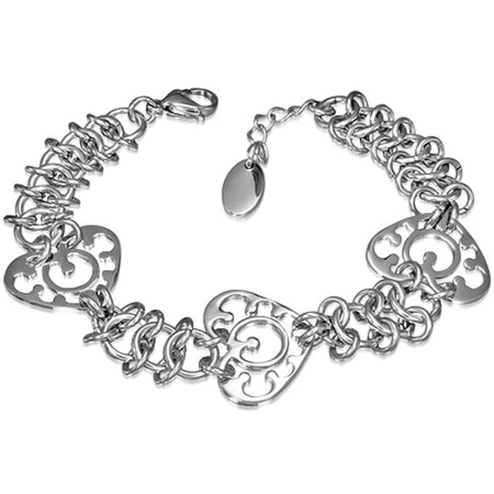 Stainless Steel Silver-Tone Love Heart Charm Adjustable Link Bracelet ...