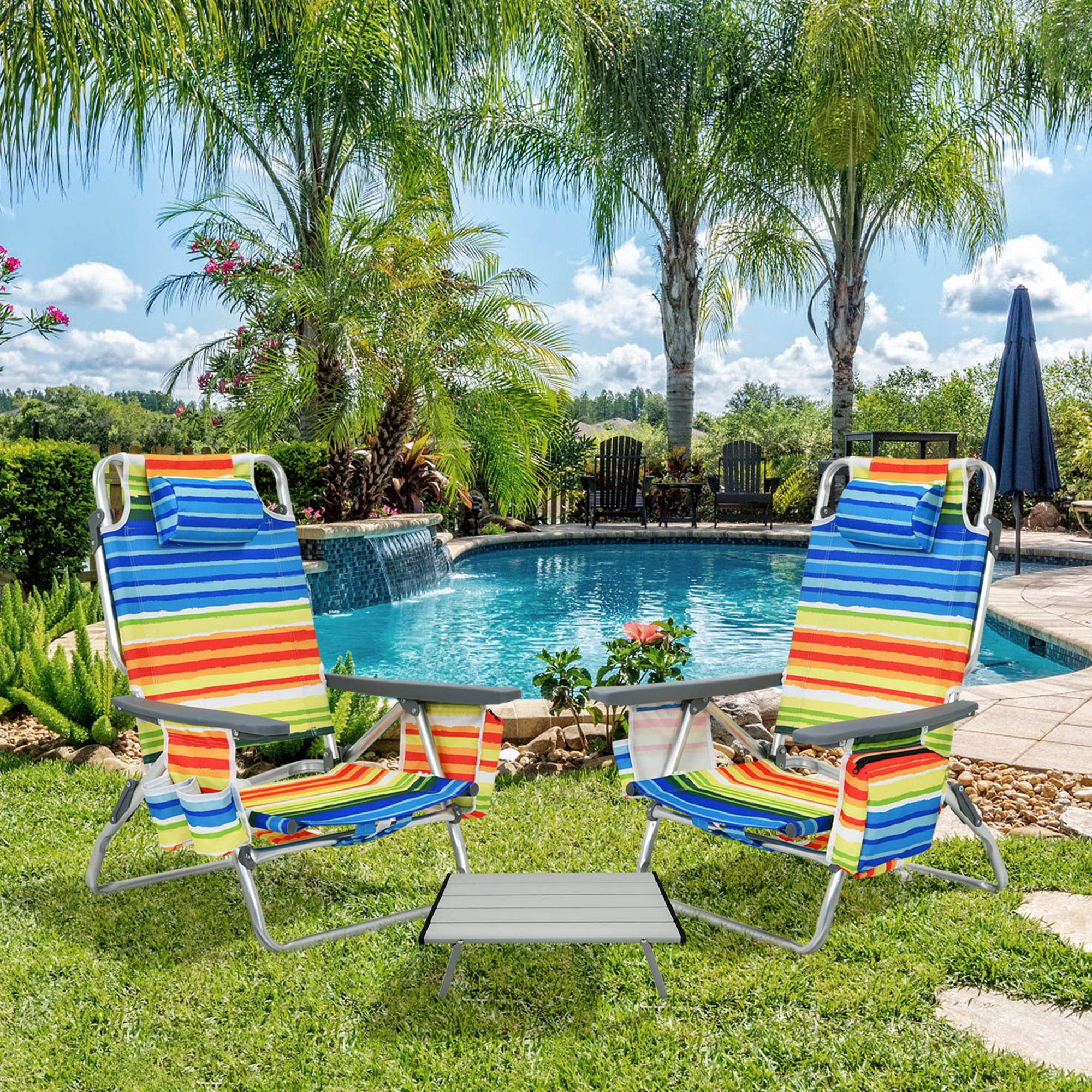 Gymax 3PCS Folding Beach Chair and Table Set Outdoor Adjustable ...