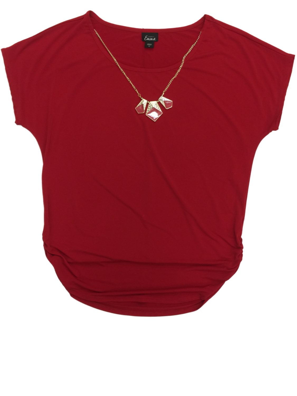 Simply Emma - Womens Red Ruched Jewelry Tee Blouse Shirt Neckalace Hem ...