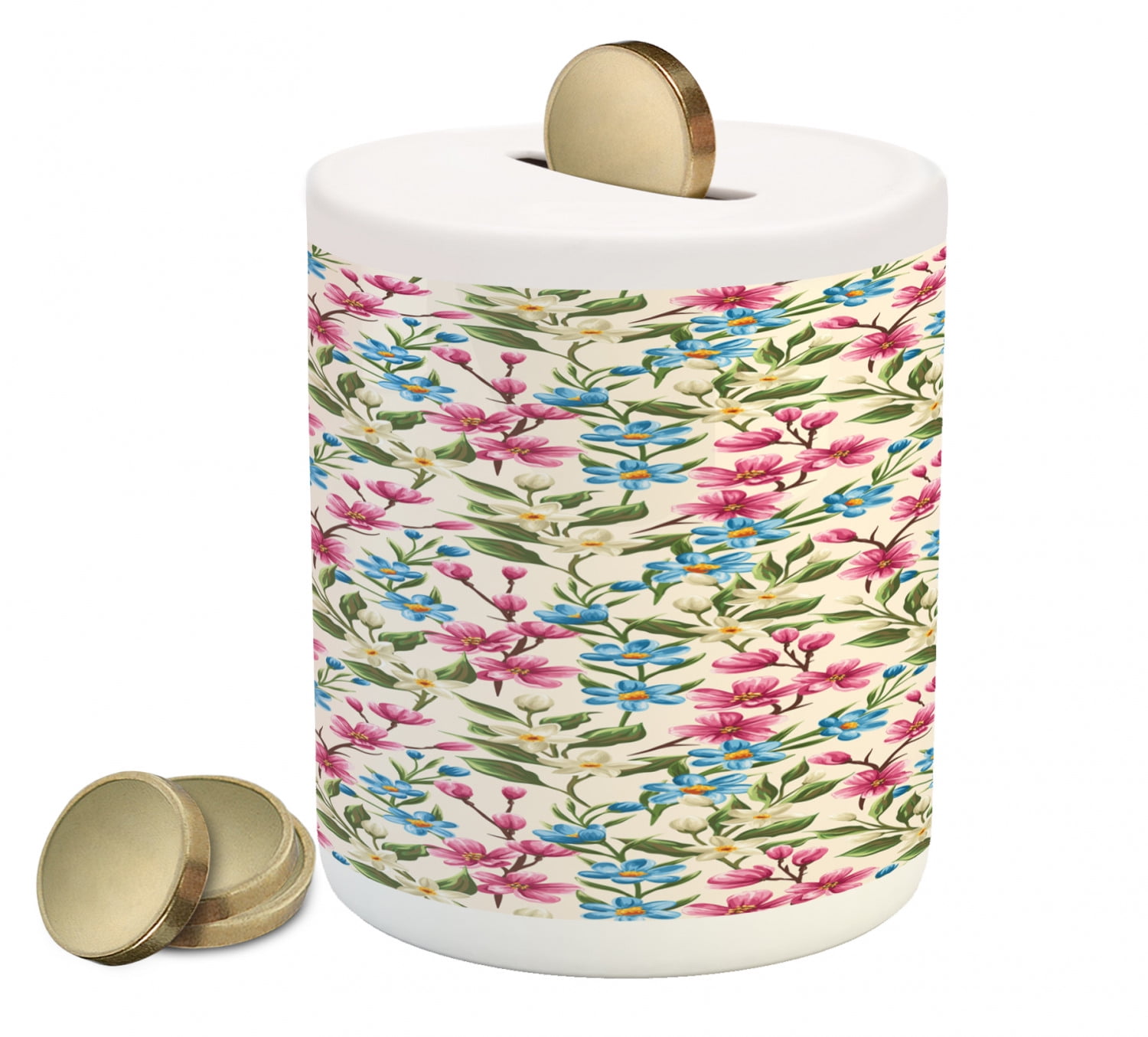 Flower Piggy Bank, Blooming Spring Flowers on Branches Romantic Bouquet ...