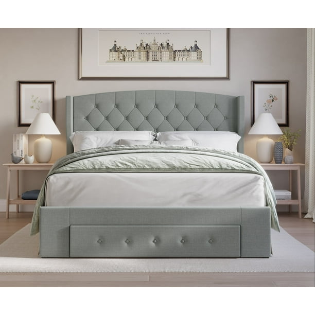 HMD Fauna Queen Tufted Upholstered Storage Panel Bed, Gray - Walmart.com