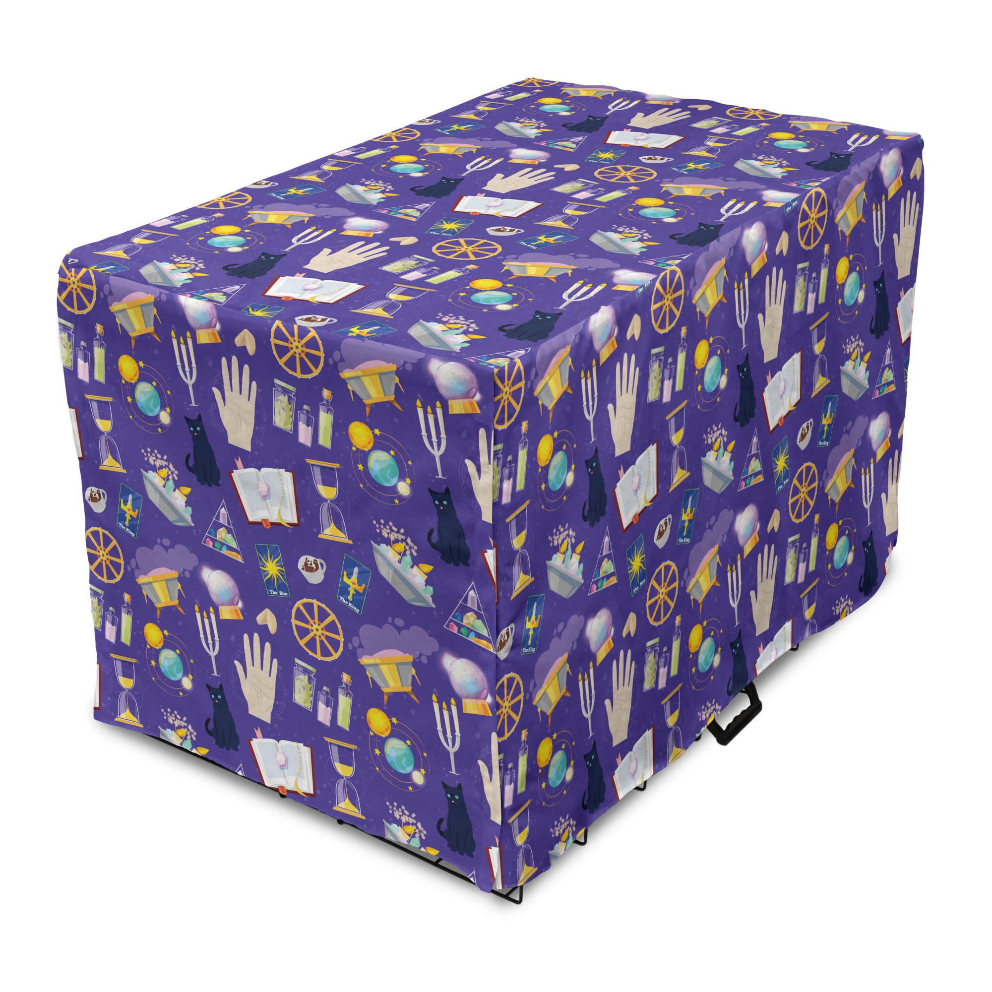 Magician Dog Crate Cover, Cartoon with Fortune Telling Candle Cat Book ...