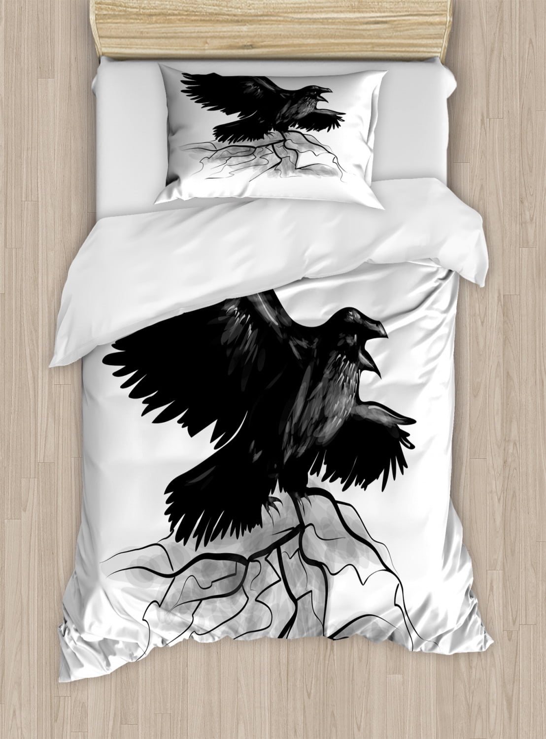 Black Crow Duvet Cover Set Twin Size, Artistic Illustration of Bird ...