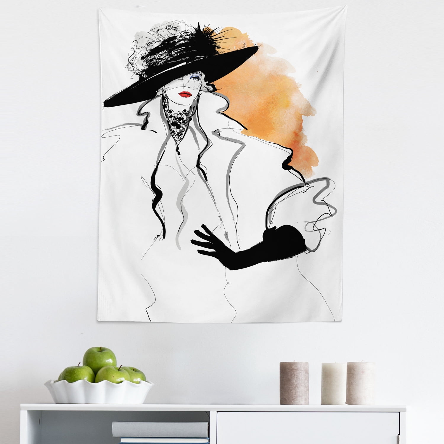 Women Tapestry, Hand Drawn Sketch Look Lady with Vintage Hat and Coat ...