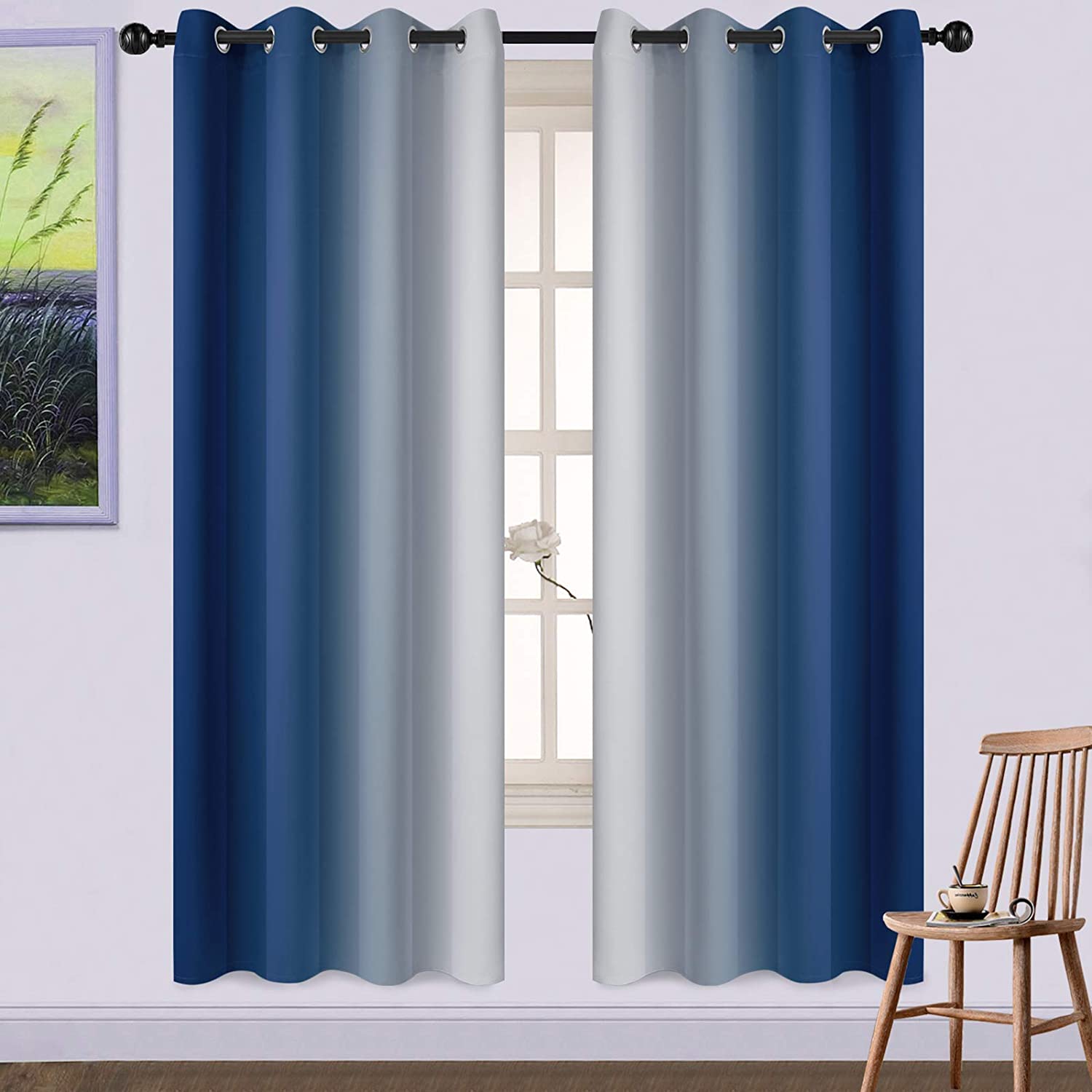 Yakamok Grommet Light Blocking Blue Ombre Curtains,Room Darkening ...