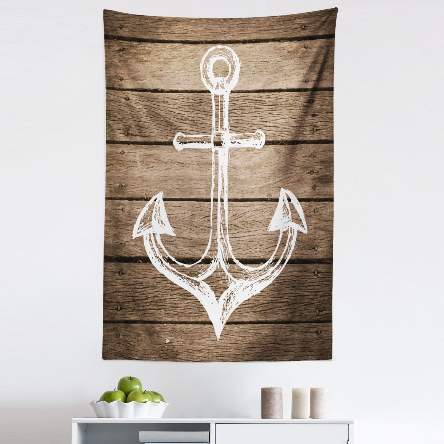Brown and White Tapestry, Anchor Motif Hand Drawing Boating Sketch ...