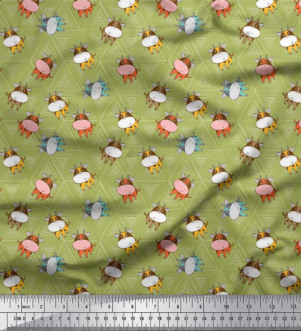 Soimoi Satin Silk Fabric Triangle & Cow Cartoon Print Fabric by The ...