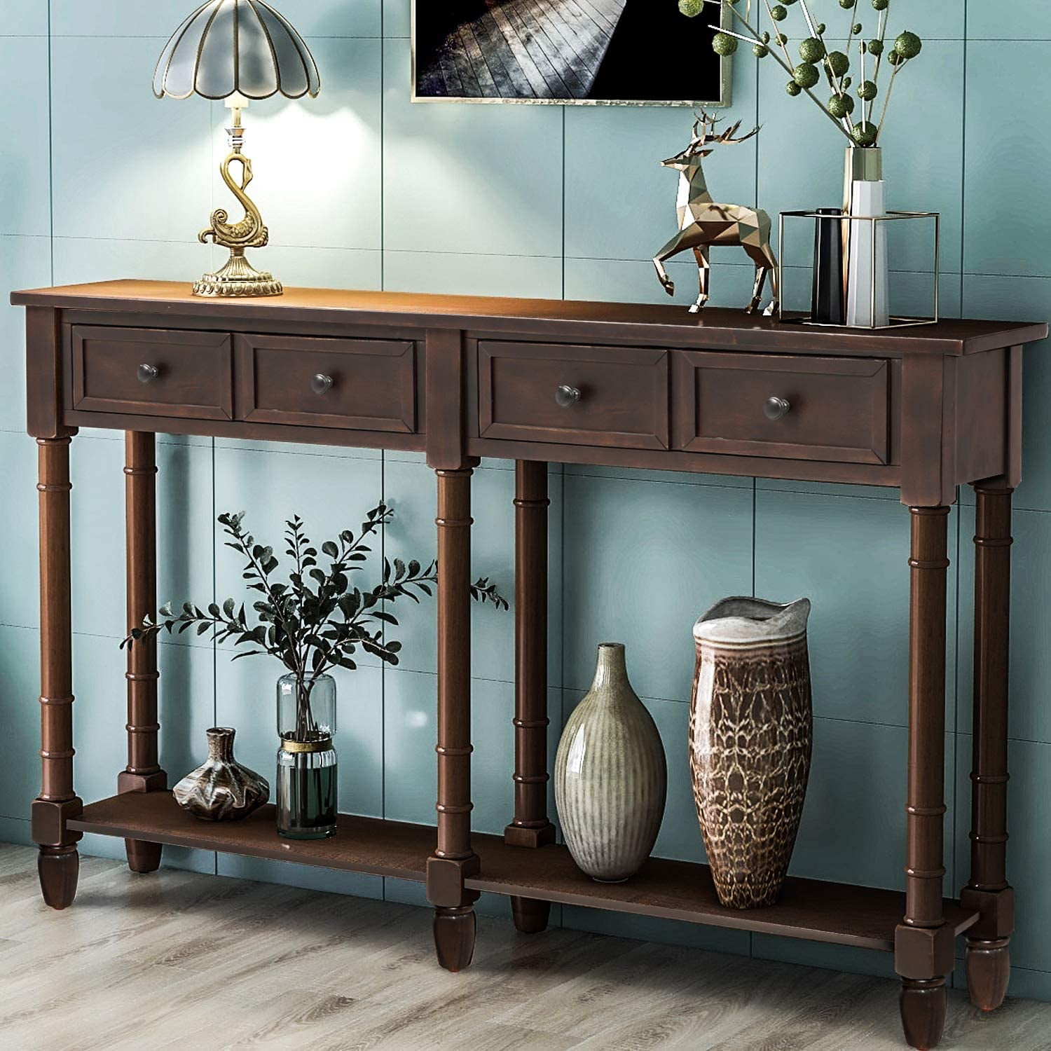 Retro Console Table Sofa Table for Entryway with Drawers and Shelf ...