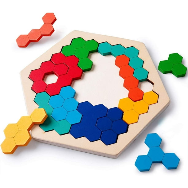 Wooden Puzzle Wooden Hexagon Puzzle For Kids, Shape Block Tangram Brain ...