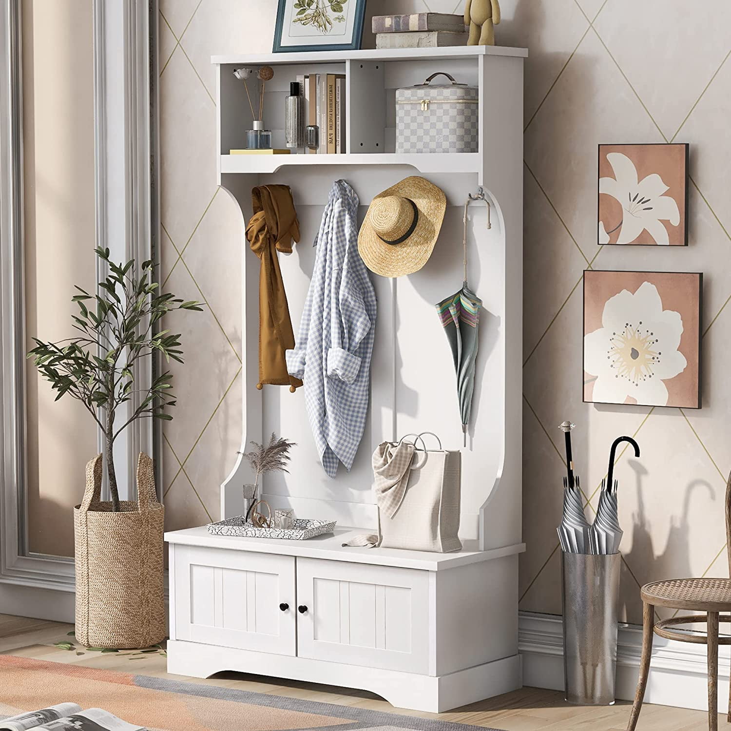 AngLink Hall Tree with Storage Bench, Entryway Bench with Shelves ...