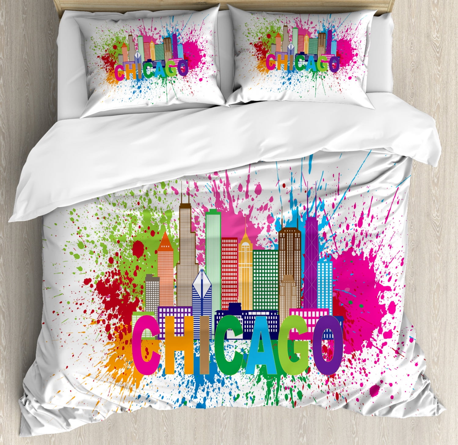 Chicago Skyline Queen Size Duvet Cover Set, Splash of Colorful Paint ...