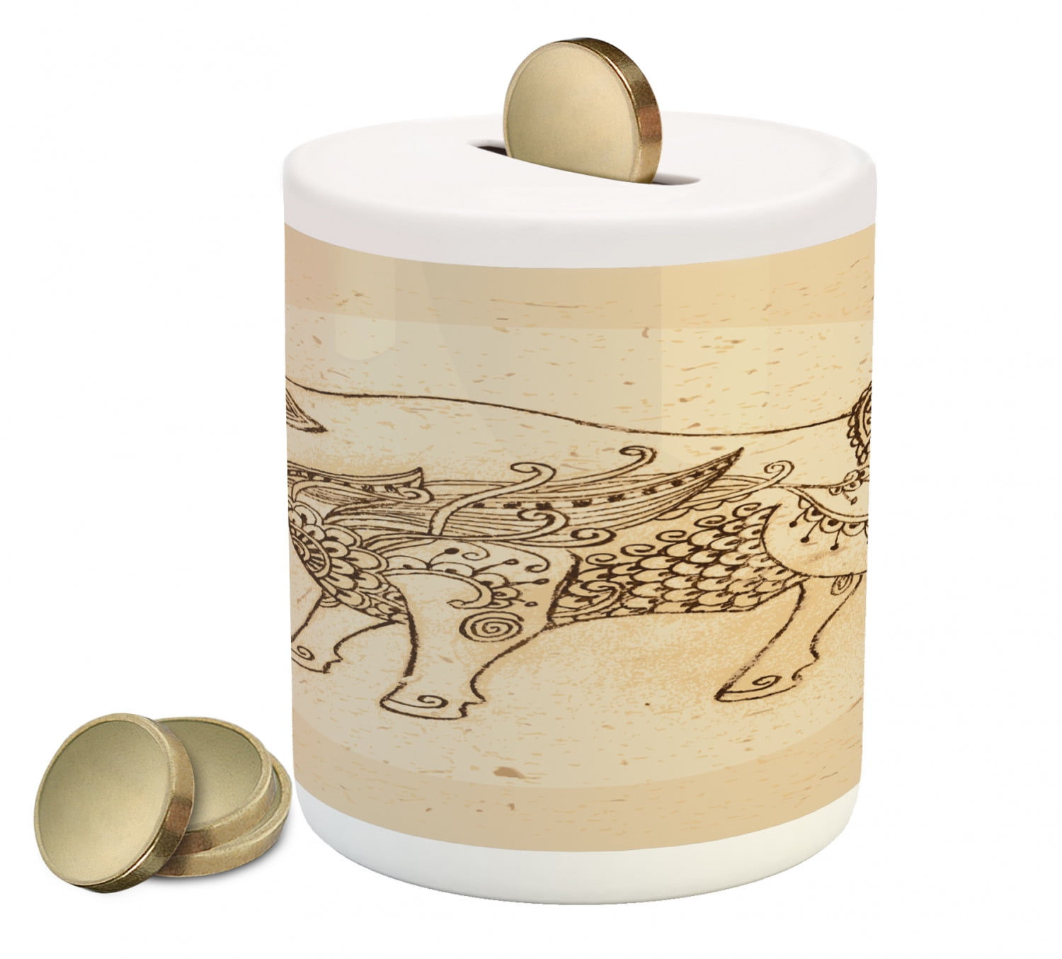 Zodiac Taurus Piggy Bank, Hand Drawn Bull with Ornaments Vintage ...