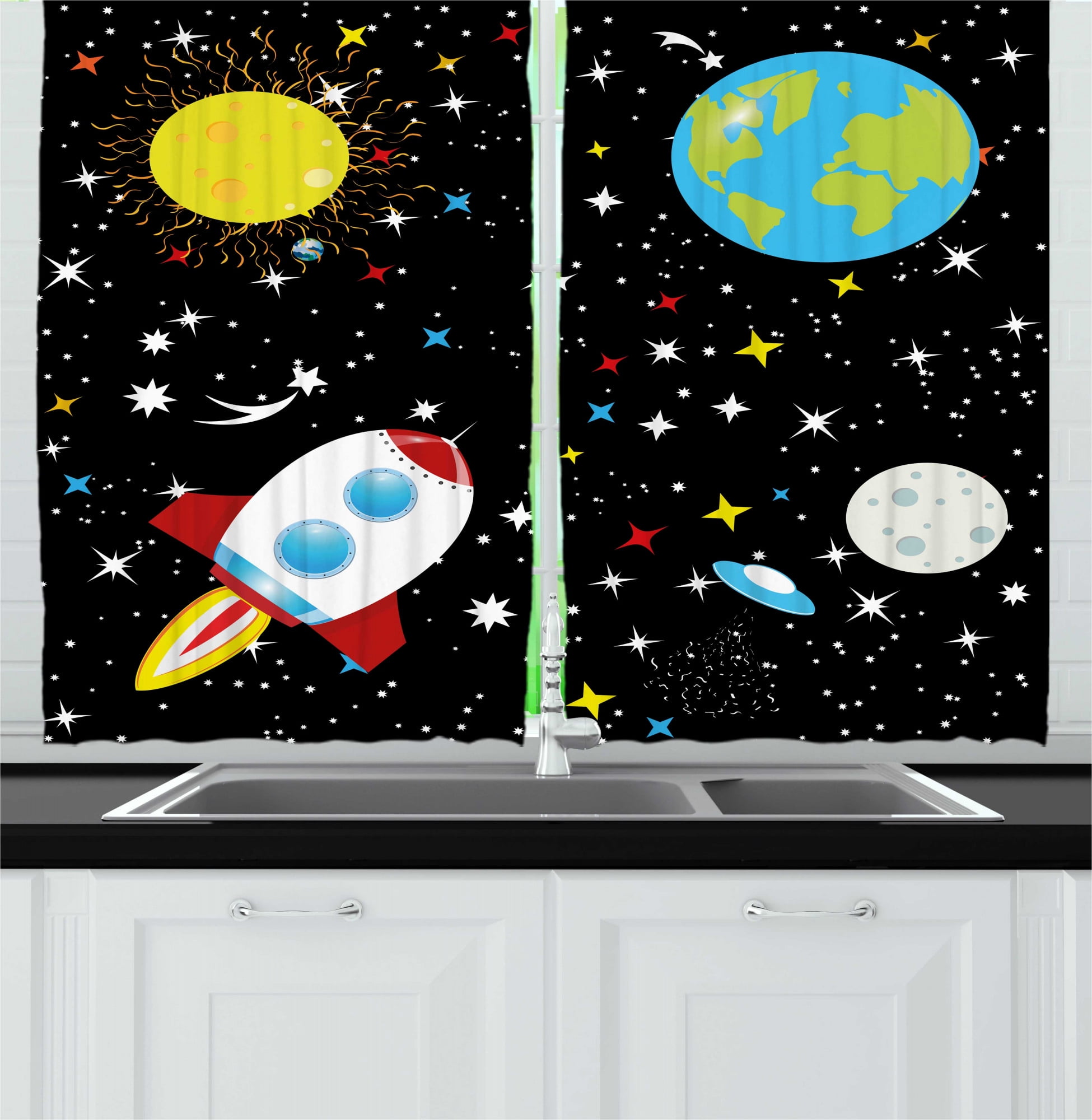 Astronomy Kitchen Curtains, Outer Space Themed Cartoonish Stars Earth ...