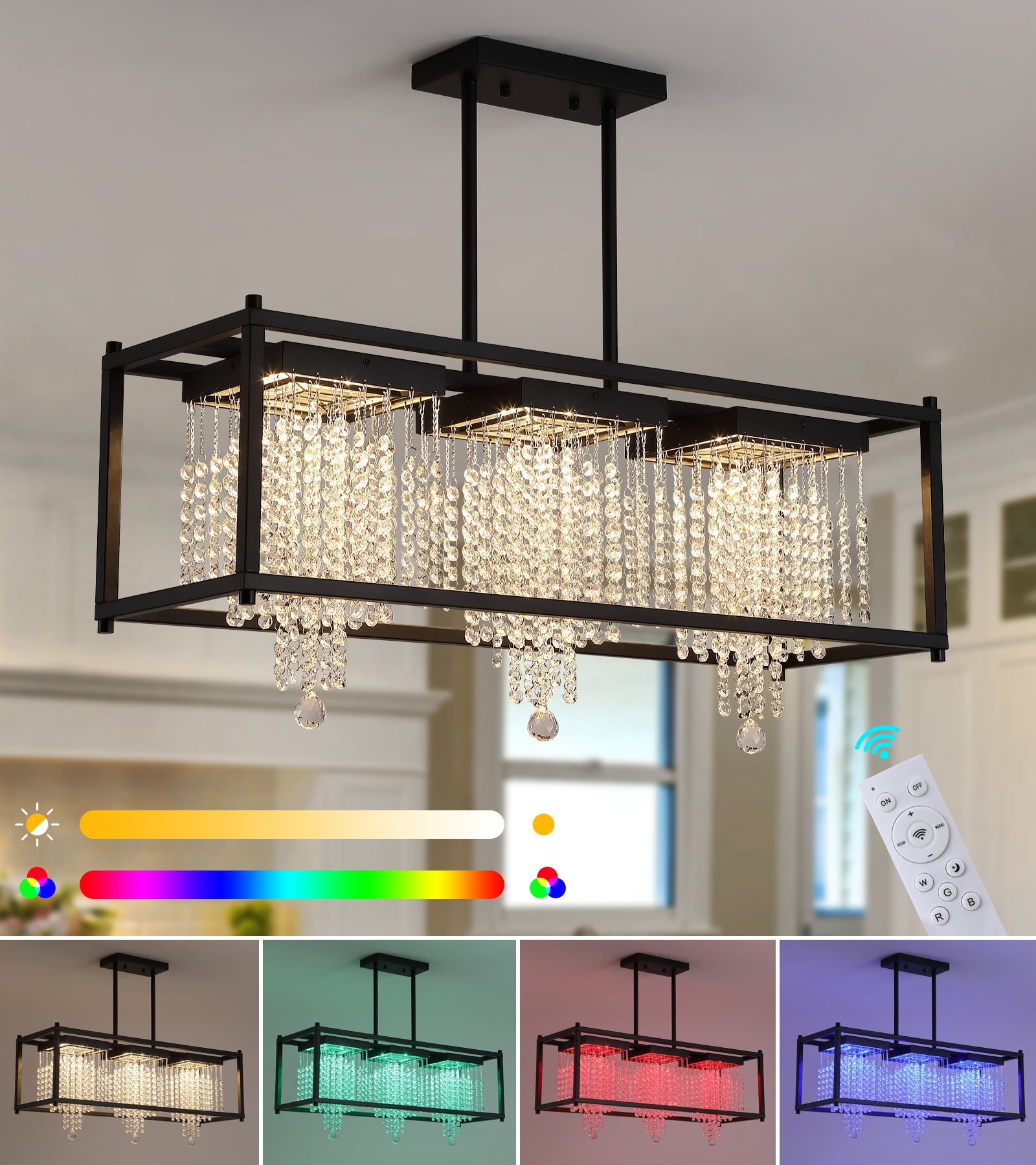 Q&S 3-Light Rectangle Crystal Chandeliers Modern Farmhouse Black Dining ...