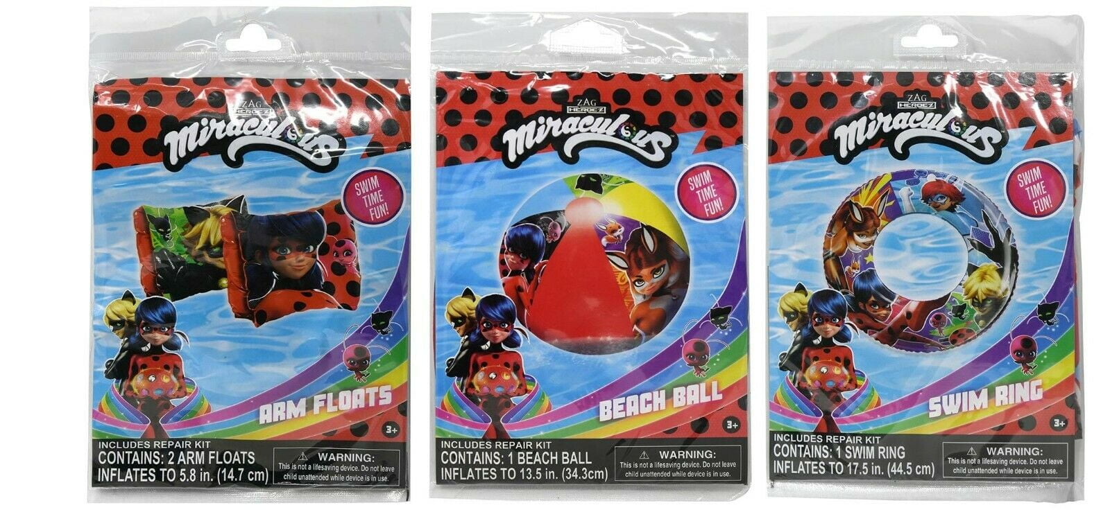 Miraculous Ladybug 3 pc Swim Set- Arm Floats, Beach Ball & Swim Ring ...