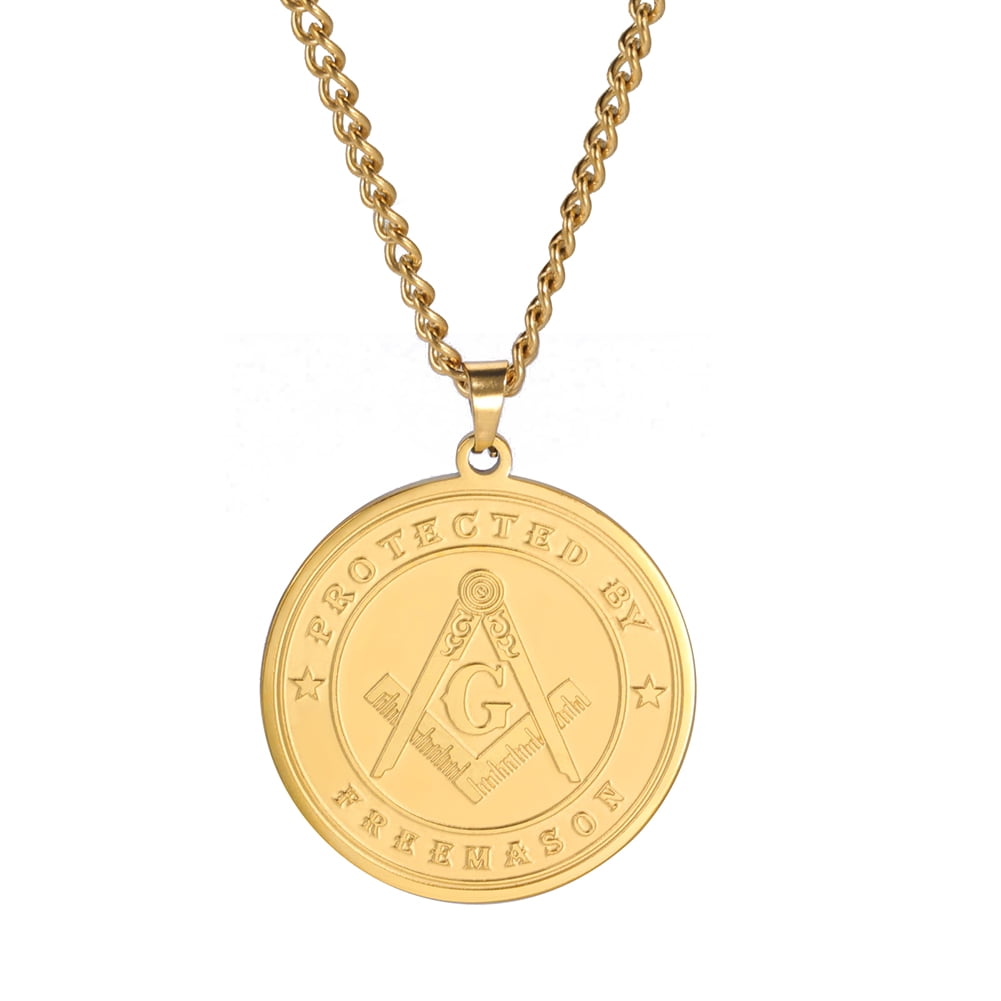 Men Freemason Masonic Round Gold Pendant Necklace Stainless Steel ...