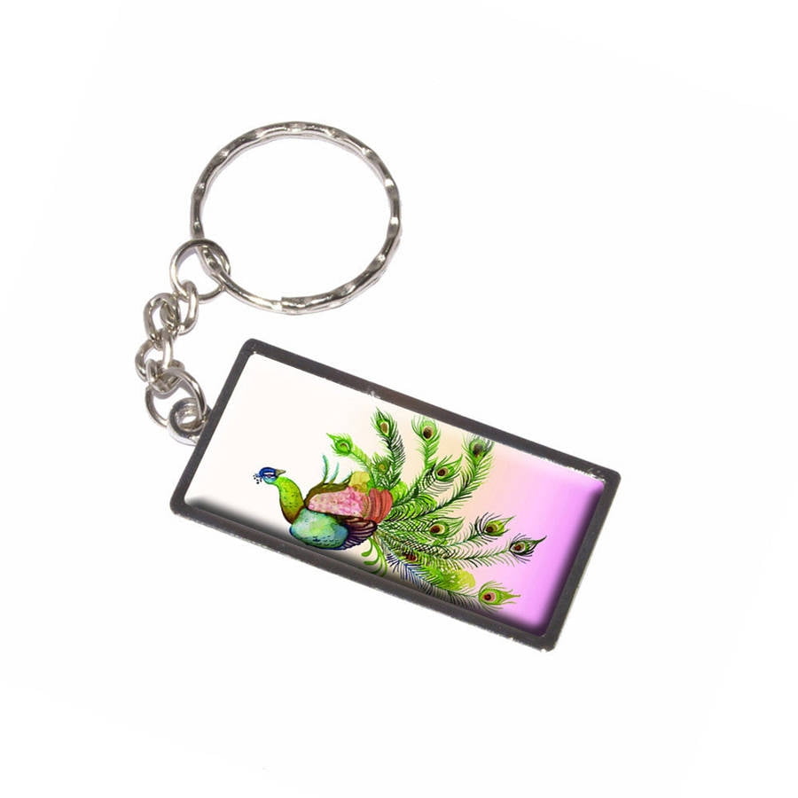 Peacock Green Blue White Feathers Keychain Key Chain Ring - Walmart.com