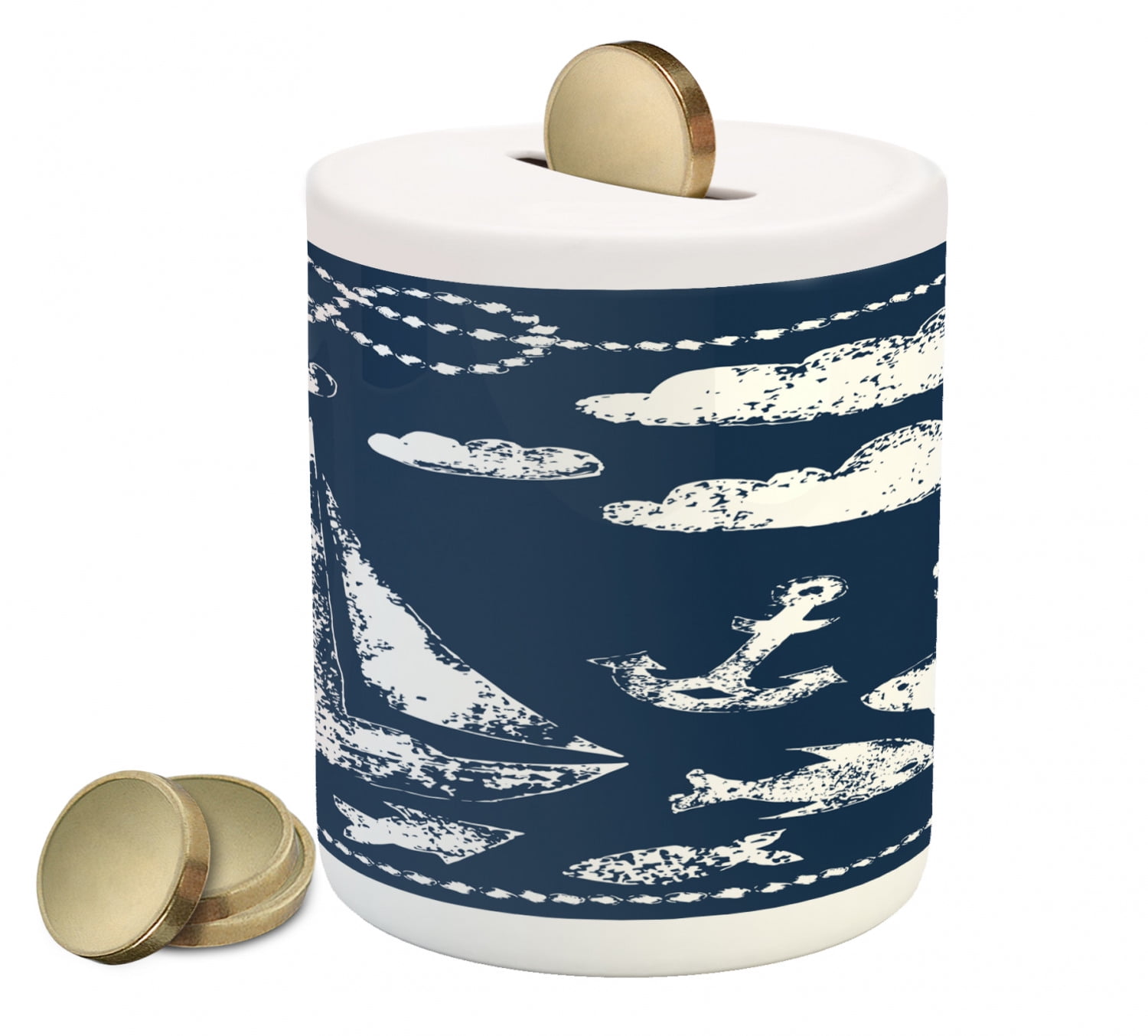Navy Blue Piggy Bank, Sea Themed Hand Print Grunge Elements Marine ...