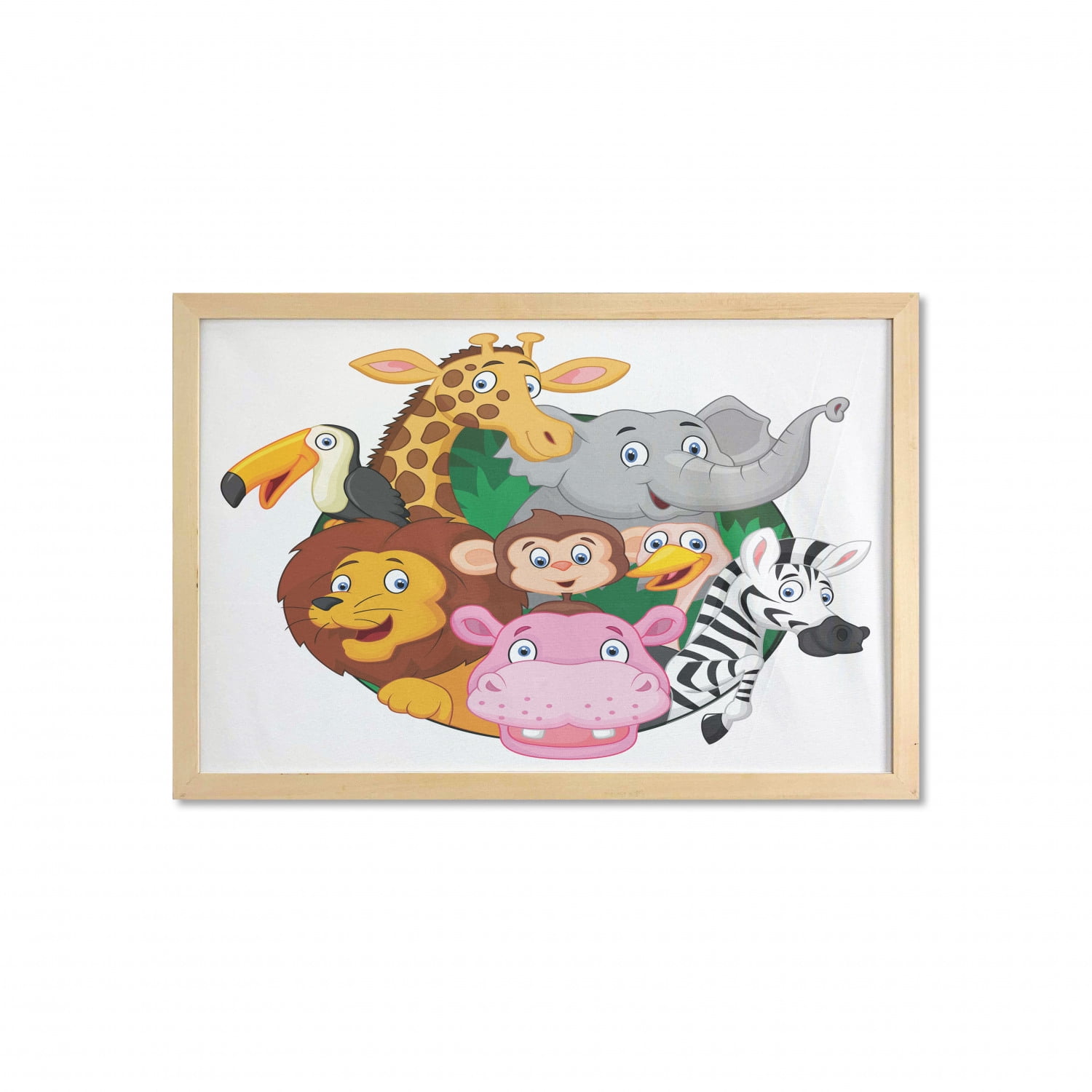Cartoon Wall Art with Frame, Exotic Safari Animals All Together Comic ...